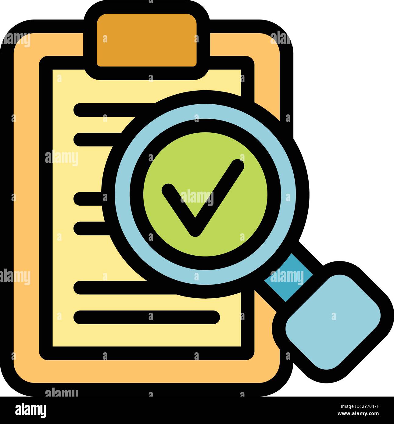 Magnifying glass is hovering over a clipboard with a check mark, symbolizing quality control ...