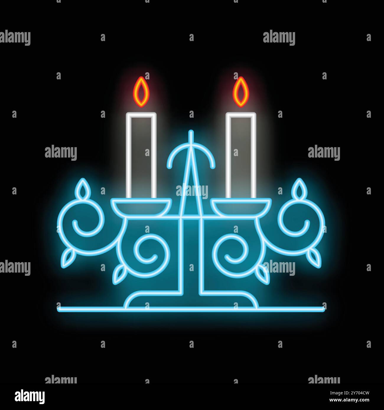 Blue neon sign of a candle holder with two burning candles, bringing ...