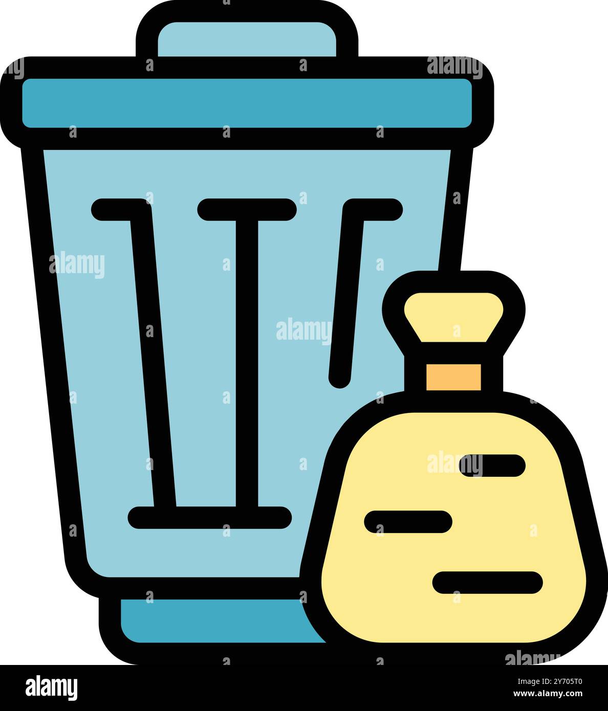 Simple colorful icon of a trash can with a garbage bag standing next to ...