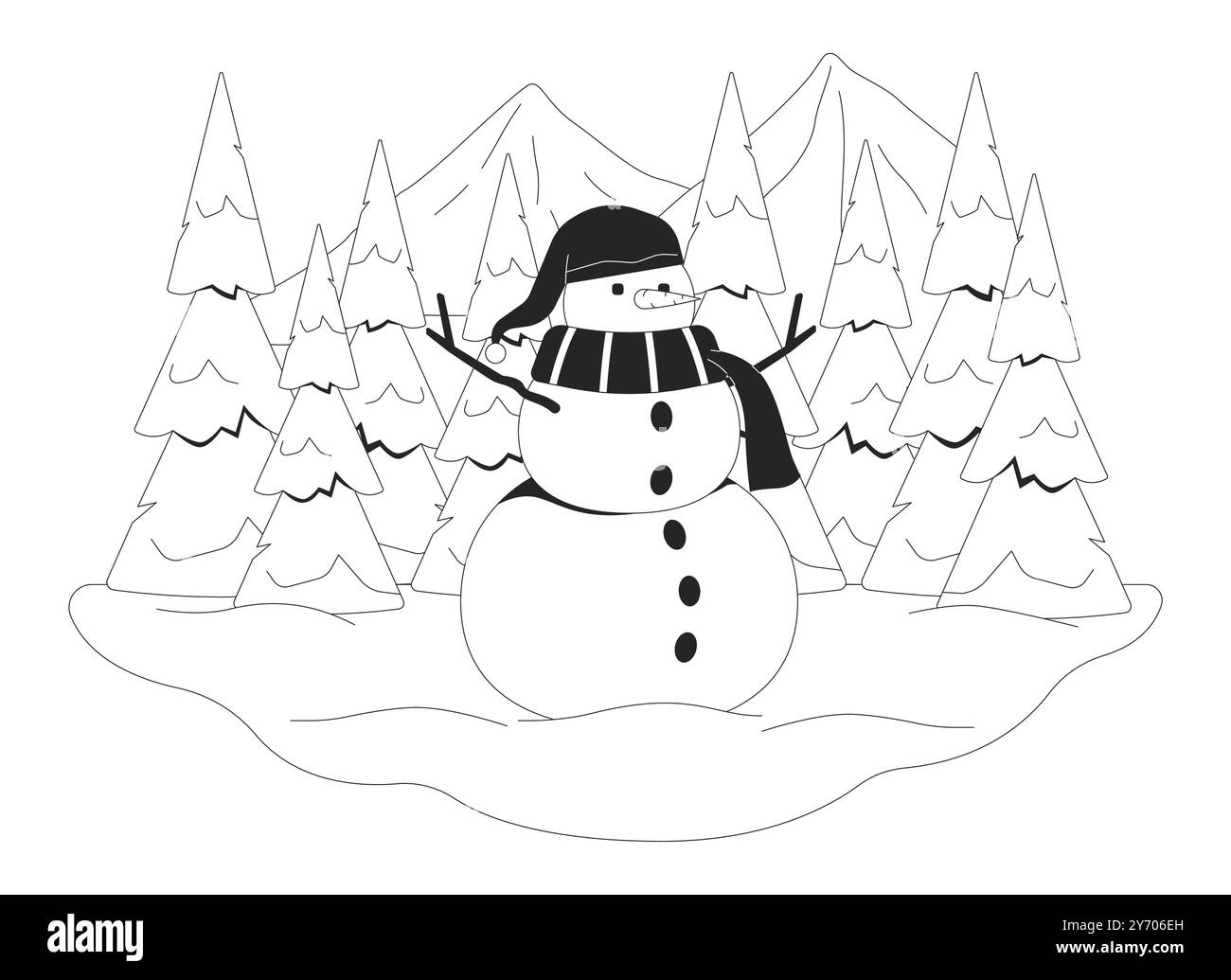 Cute snowman amidst snowy woods mountains black and white line ...