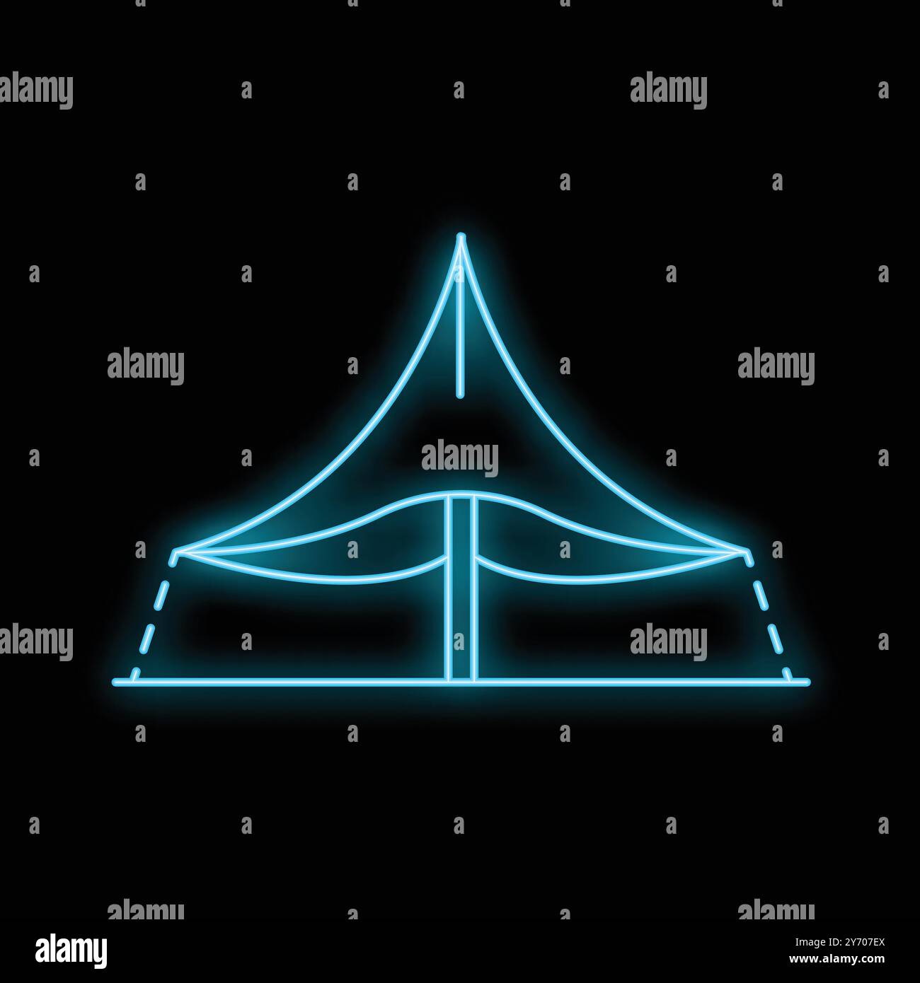 Bright blue neon sign depicting a tourist tent glowing on a black ...