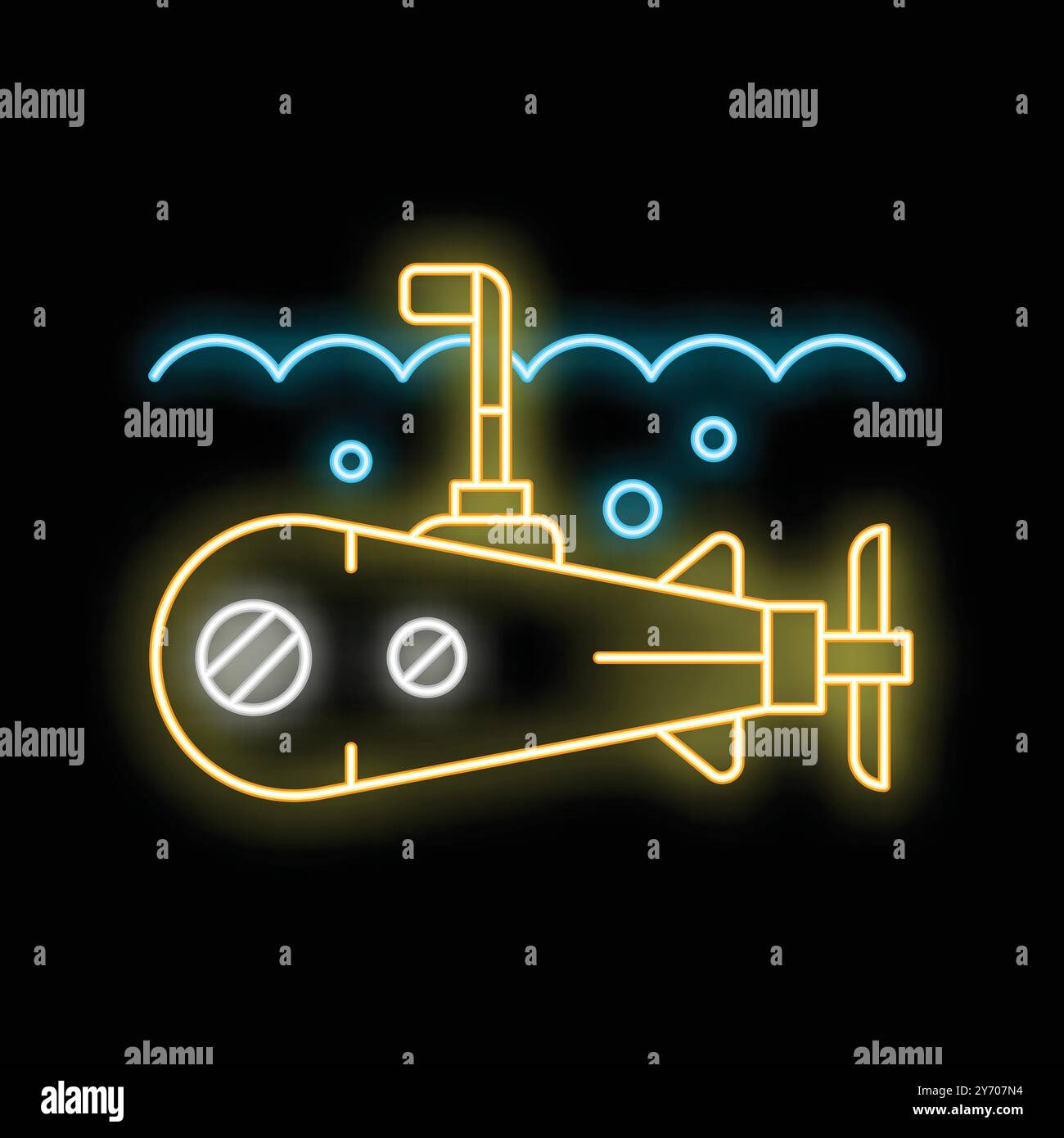 Vibrant neon sign depicts a yellow submarine submerged in blue waves ...