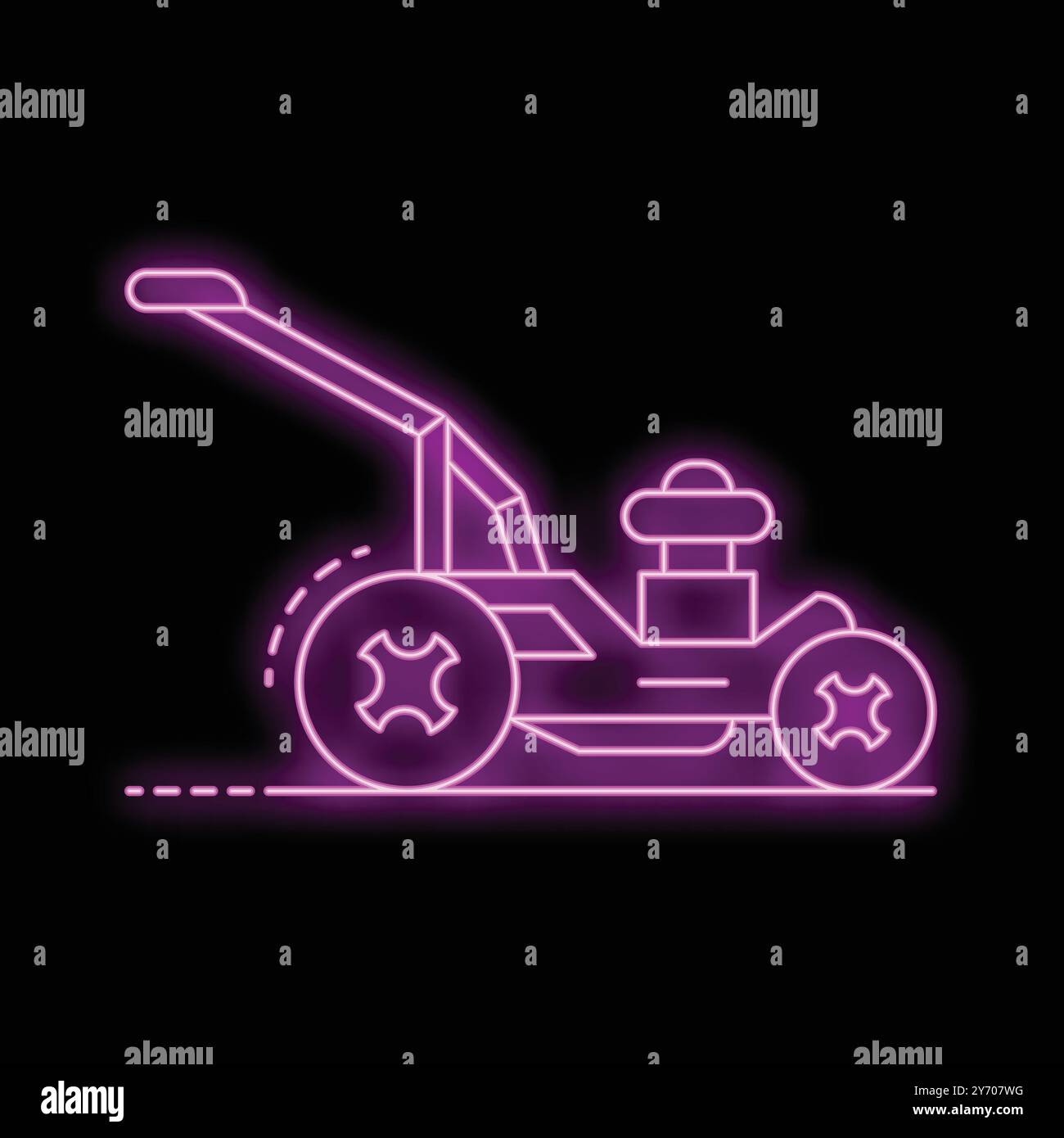 Purple neon sign of a lawnmower cutting grass in the garden at night ...