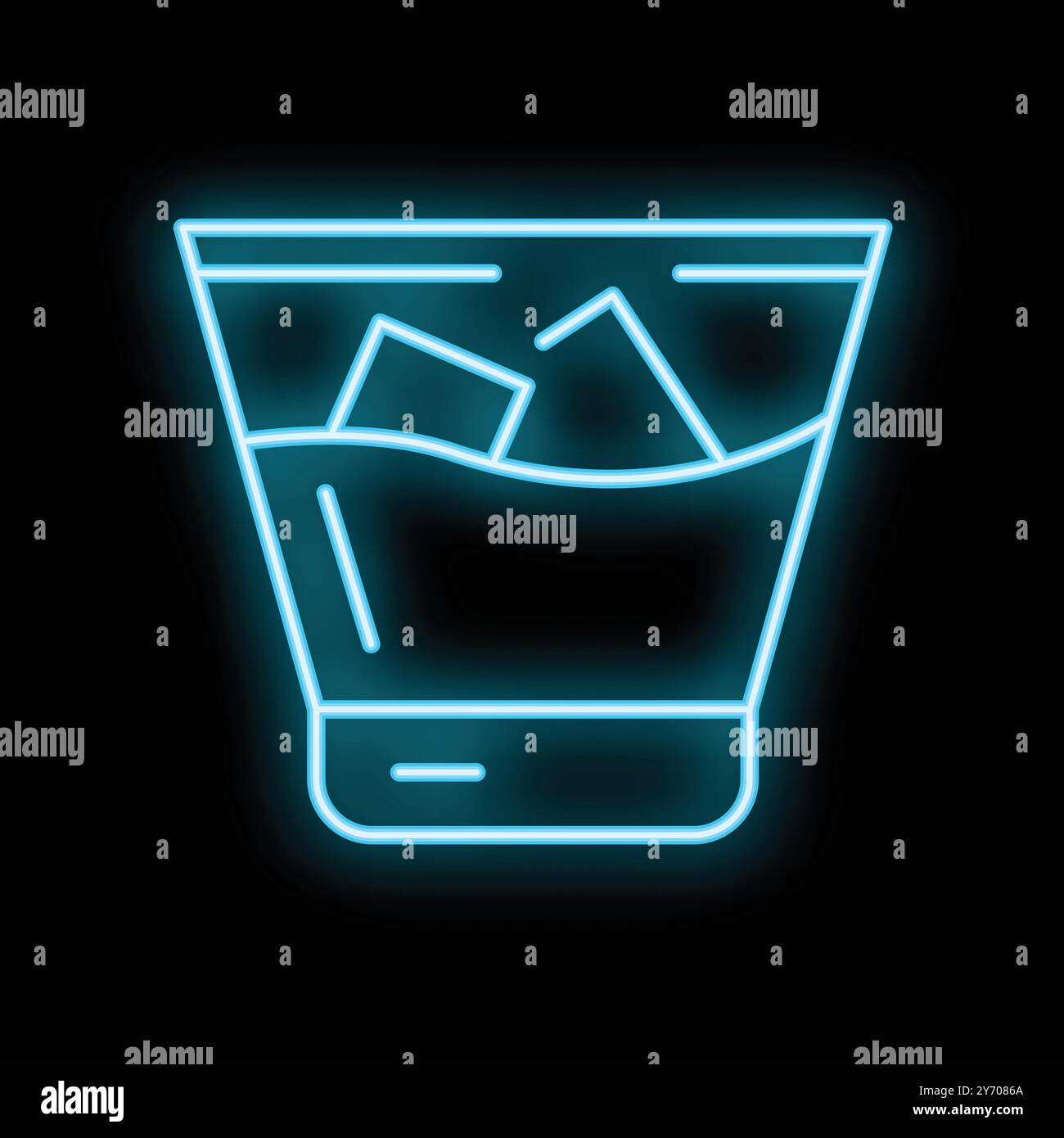 Neon blue sign depicting a glass containing a drink and ice cubes, on a ...