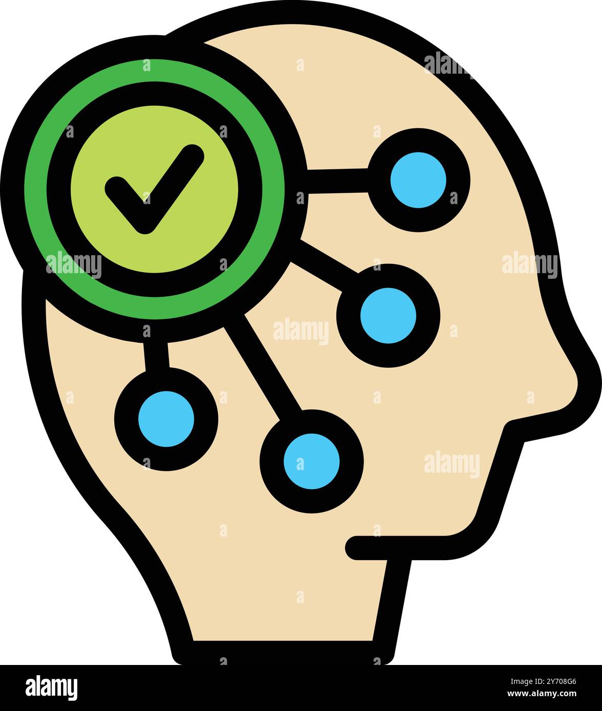 Human head profile showing neural network with check mark icon ...