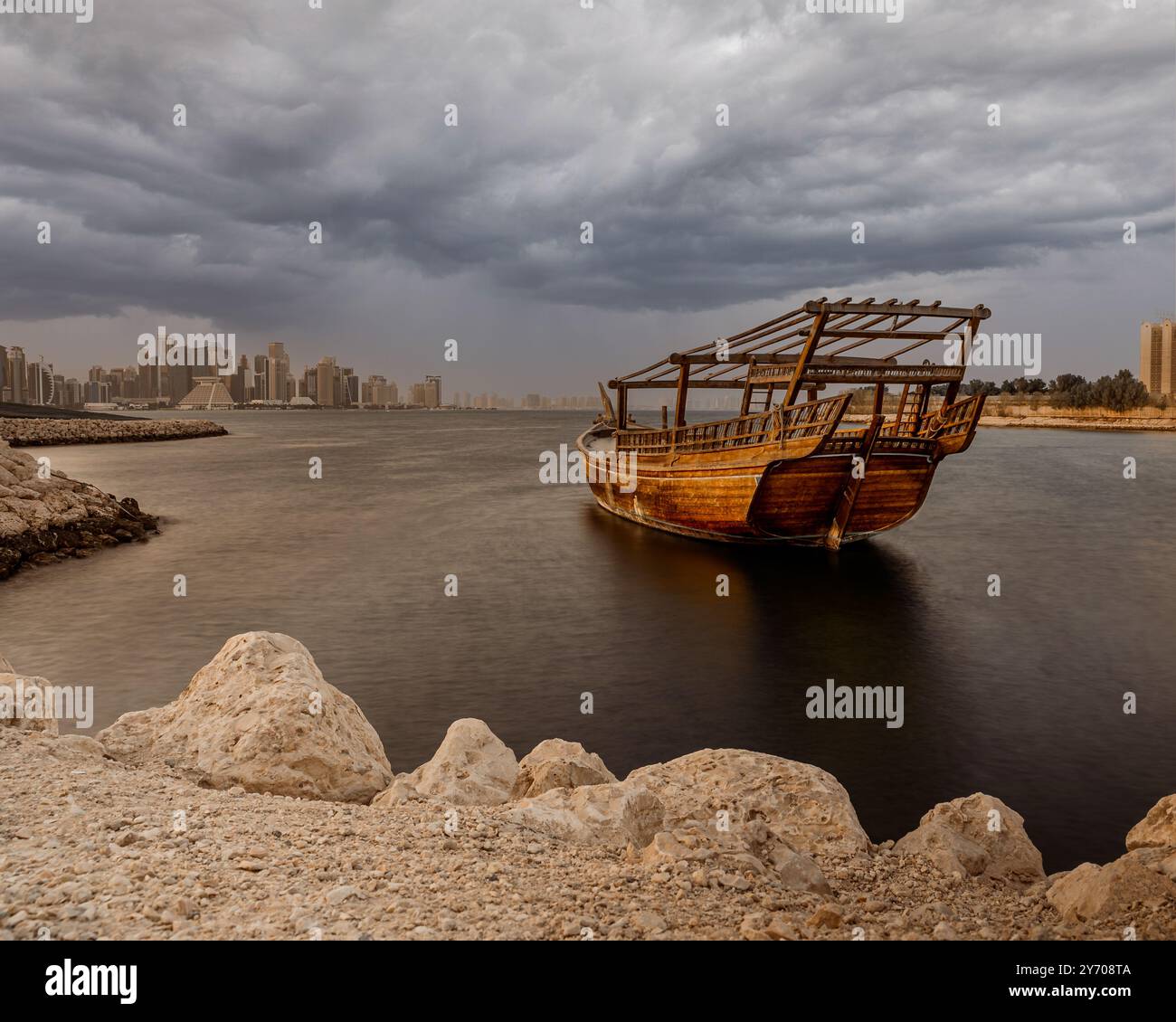 Old Dhow Cruise and the Doha City Center Skyscrapers Stock Photo - Alamy