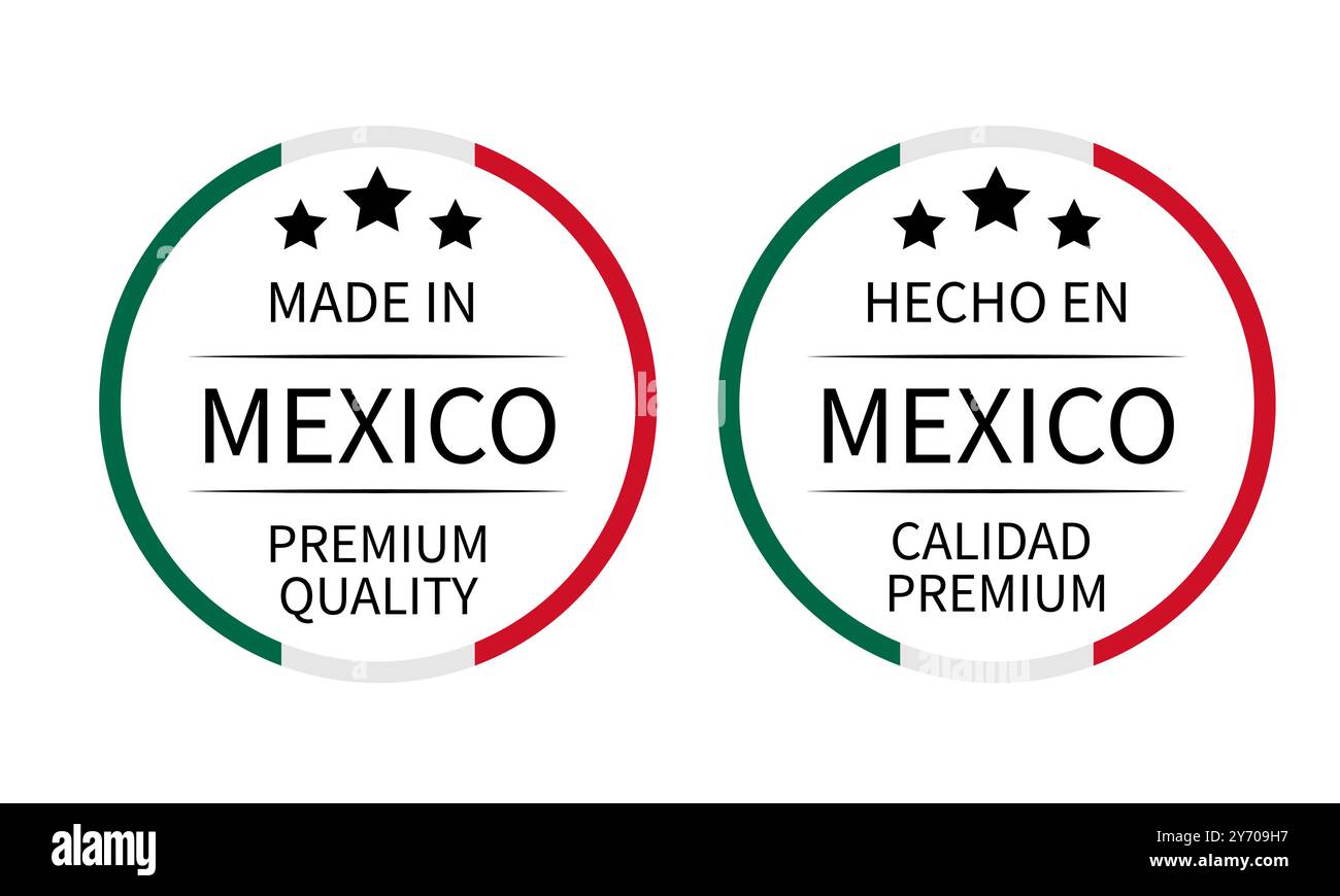 Made in Mexico round labels in English and in Spanish languages ...