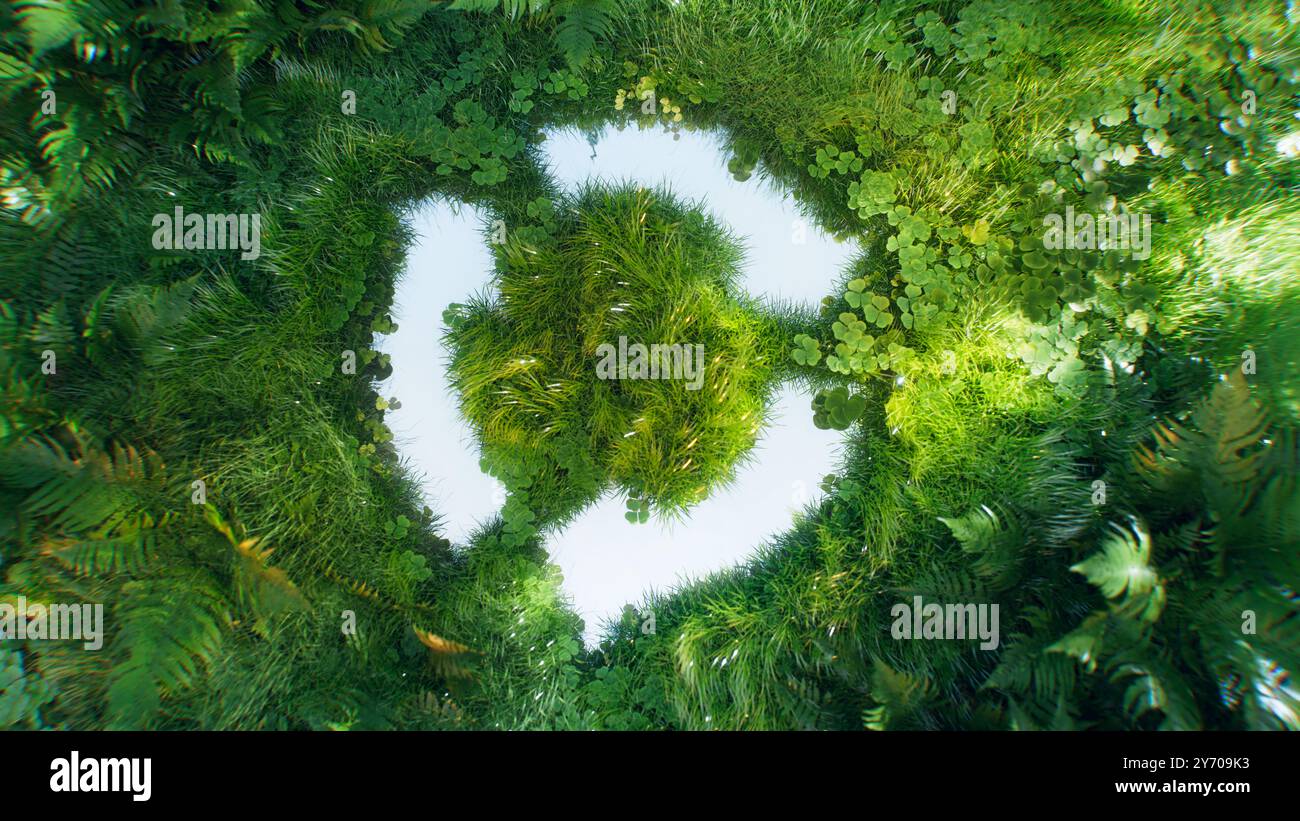 3D rendering of a circular eco-symbol made of grass, ferns, and lush ...