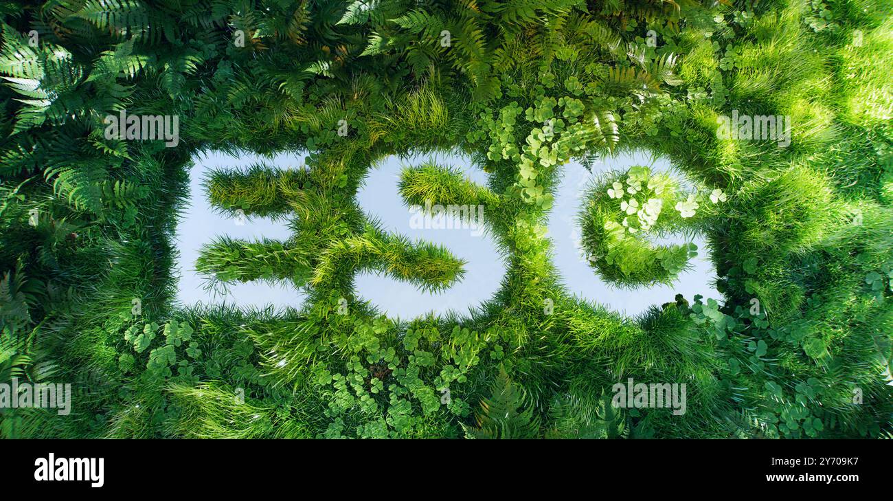 3D rendering of the word ESG formed by fresh grass, ferns, and clover ...