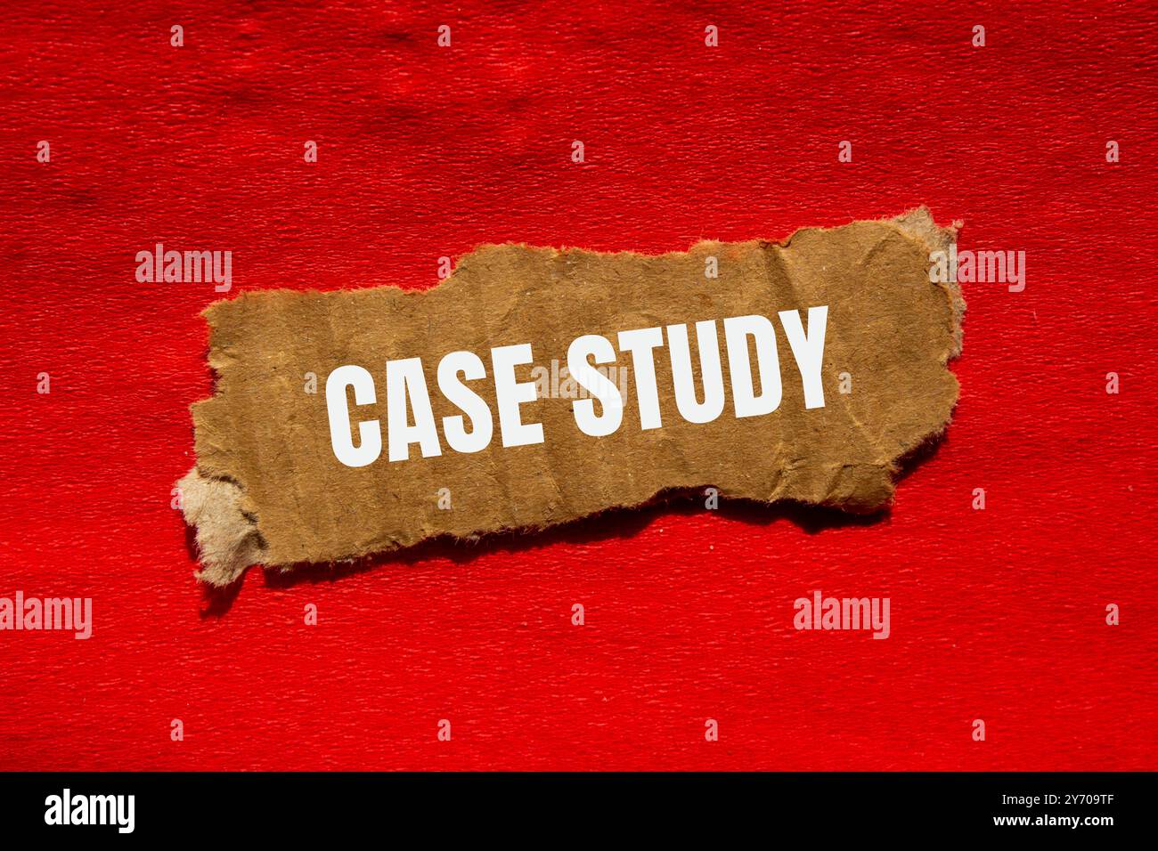 Case study message written on ripped torn cardbaord paper piece with red background. Conceptual ...