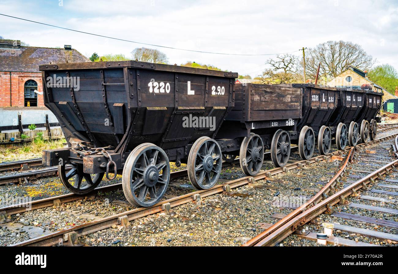A row of chaldrons or coal wagons, built in the 1870s, waiting in a ...