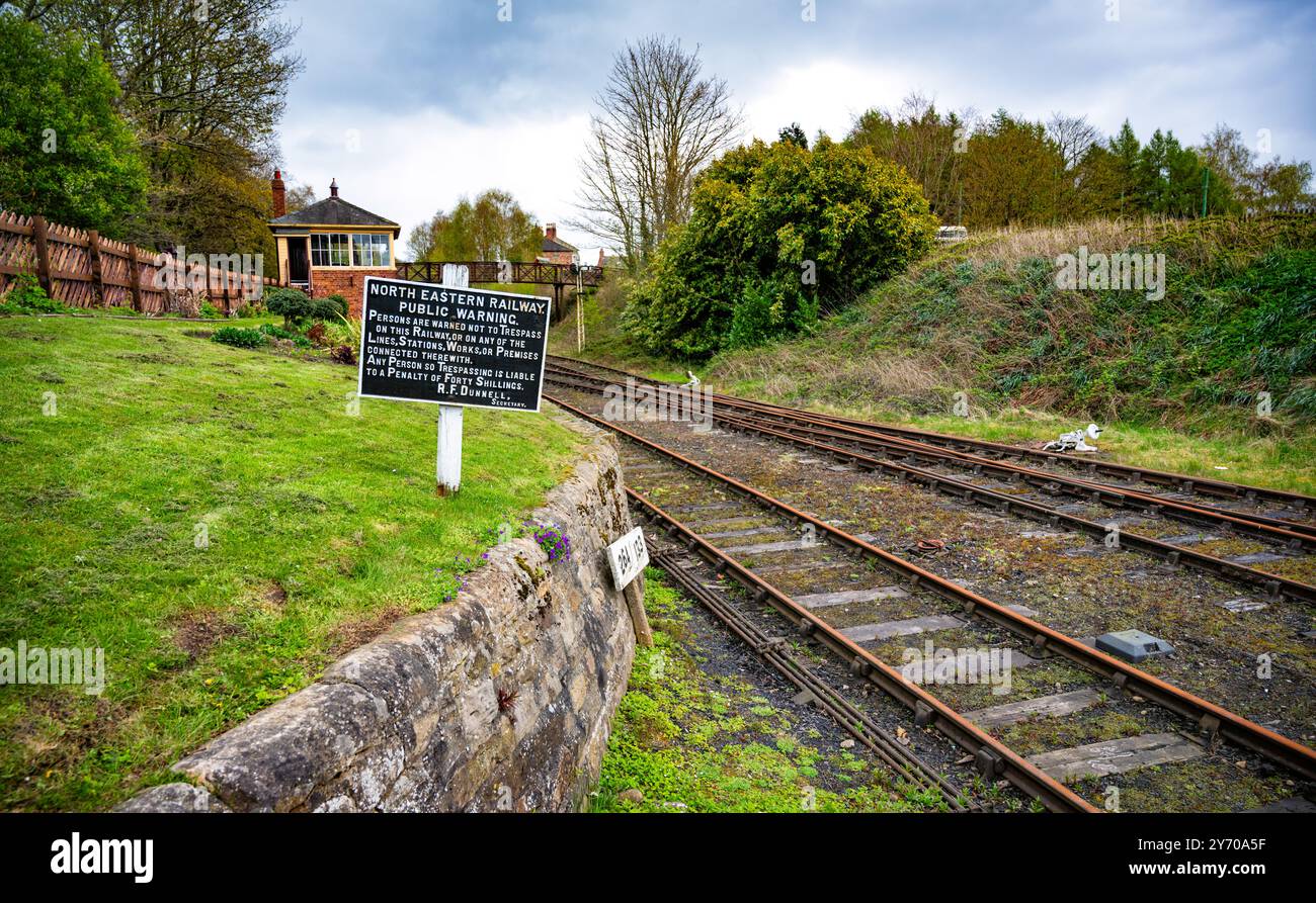 Vintage railway trespass warning sign, at Rowley Station, Beamish ...