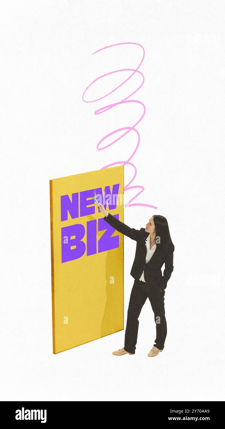 Woman pointing at bright yellow New Biz sign, capturing enthusiasm and ...