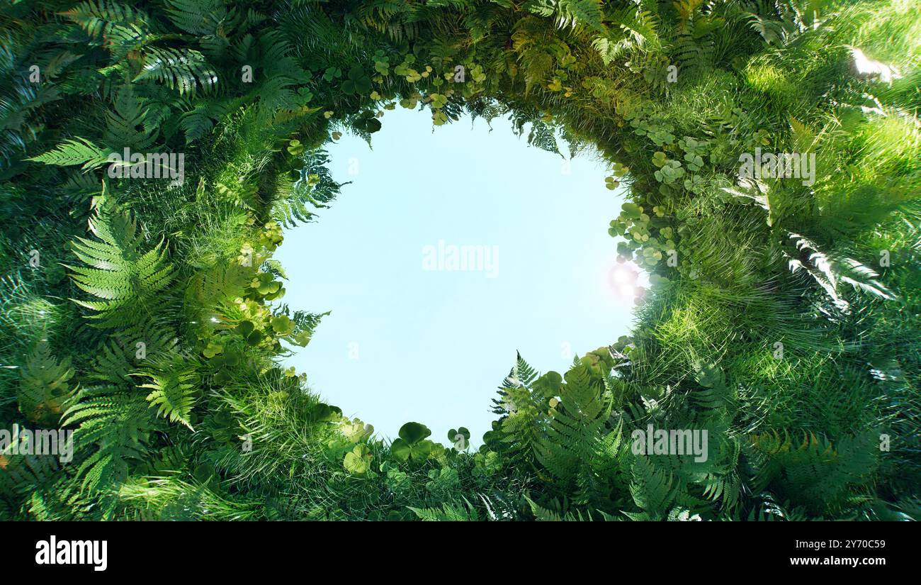 3D rendering of a circular water surface surrounded by fresh greenery ...