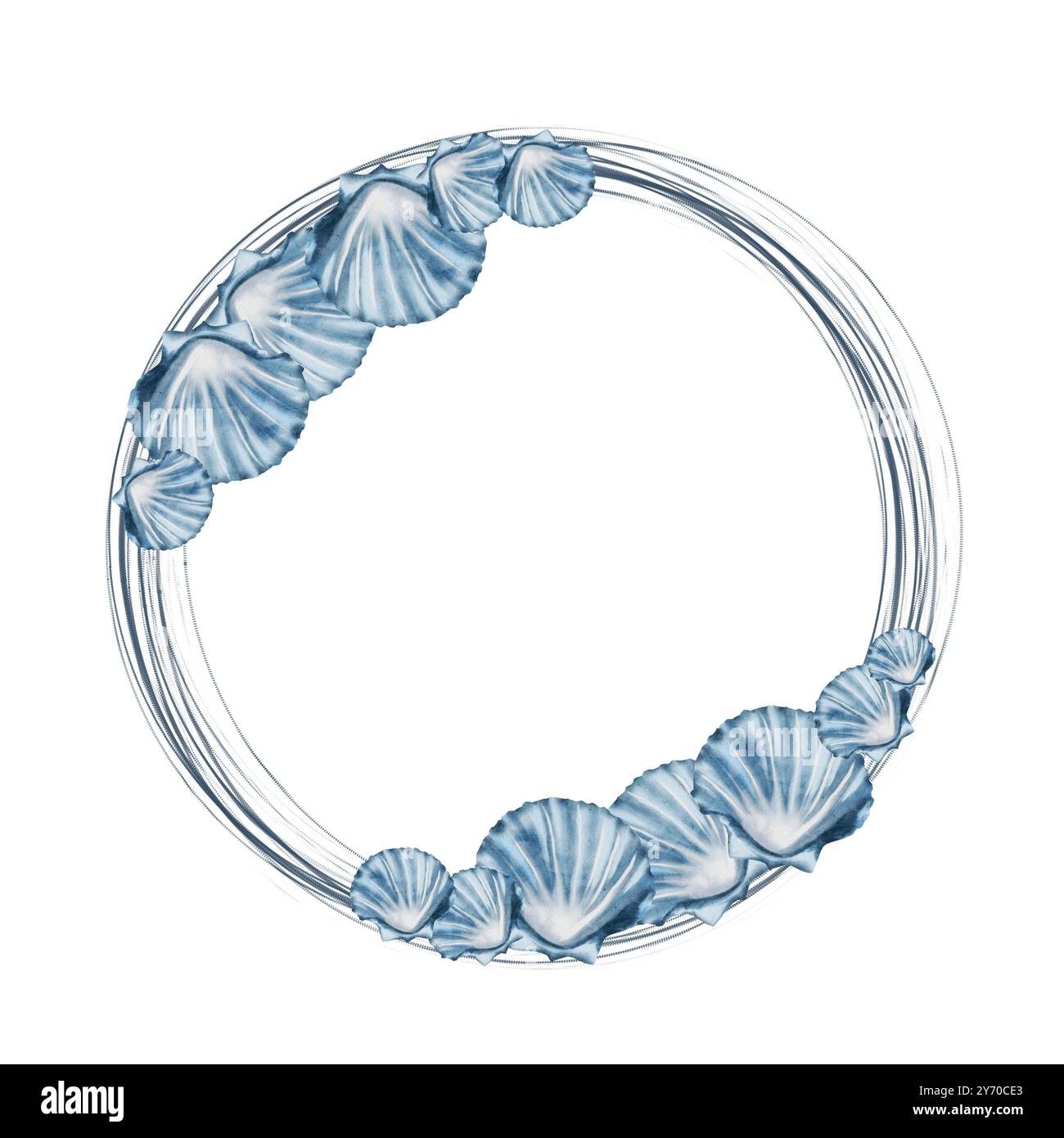 Seashells watercolor frame. Round border of blue shells on isolated ...