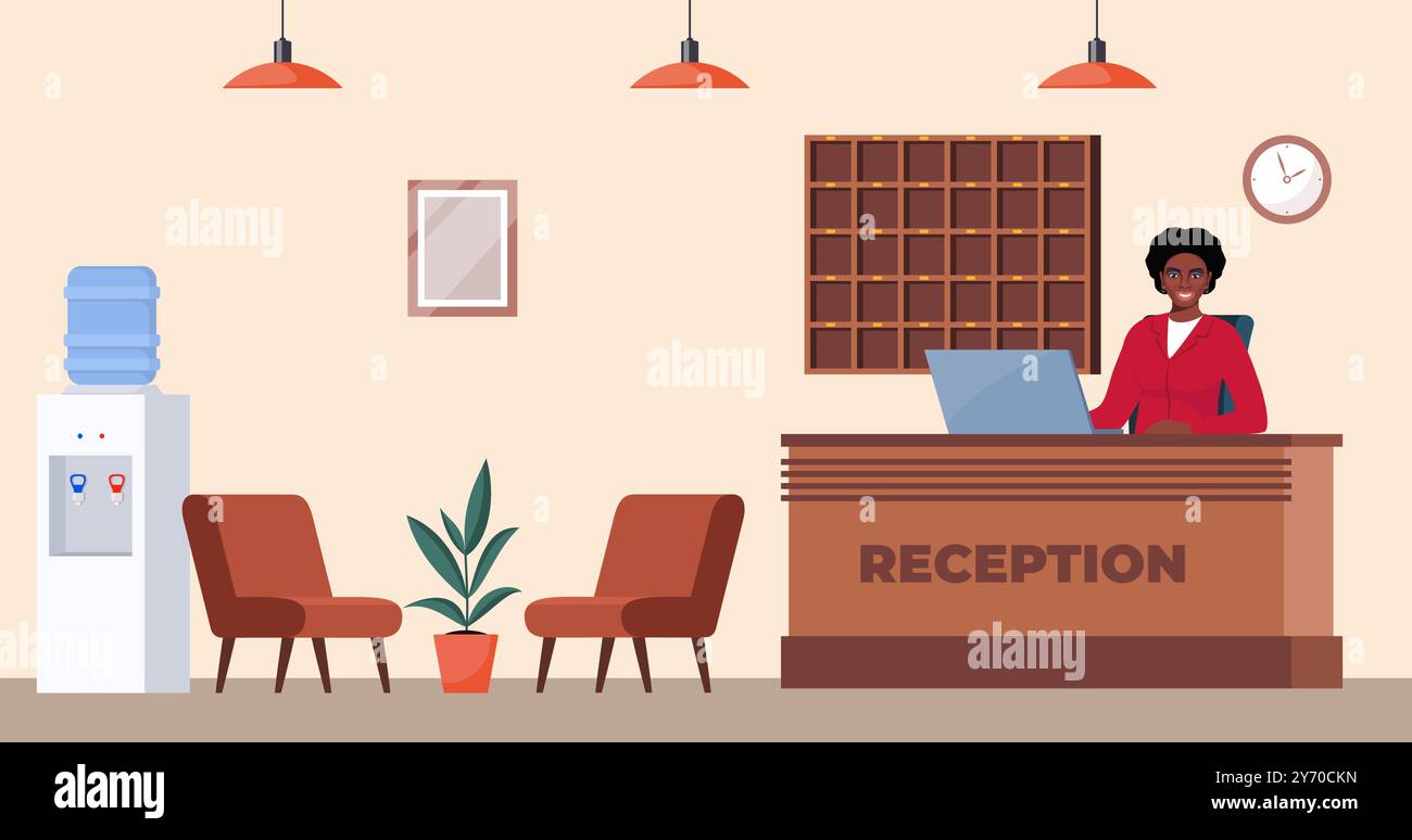 Hotel reception with computer and black woman receptionist, flower in ...