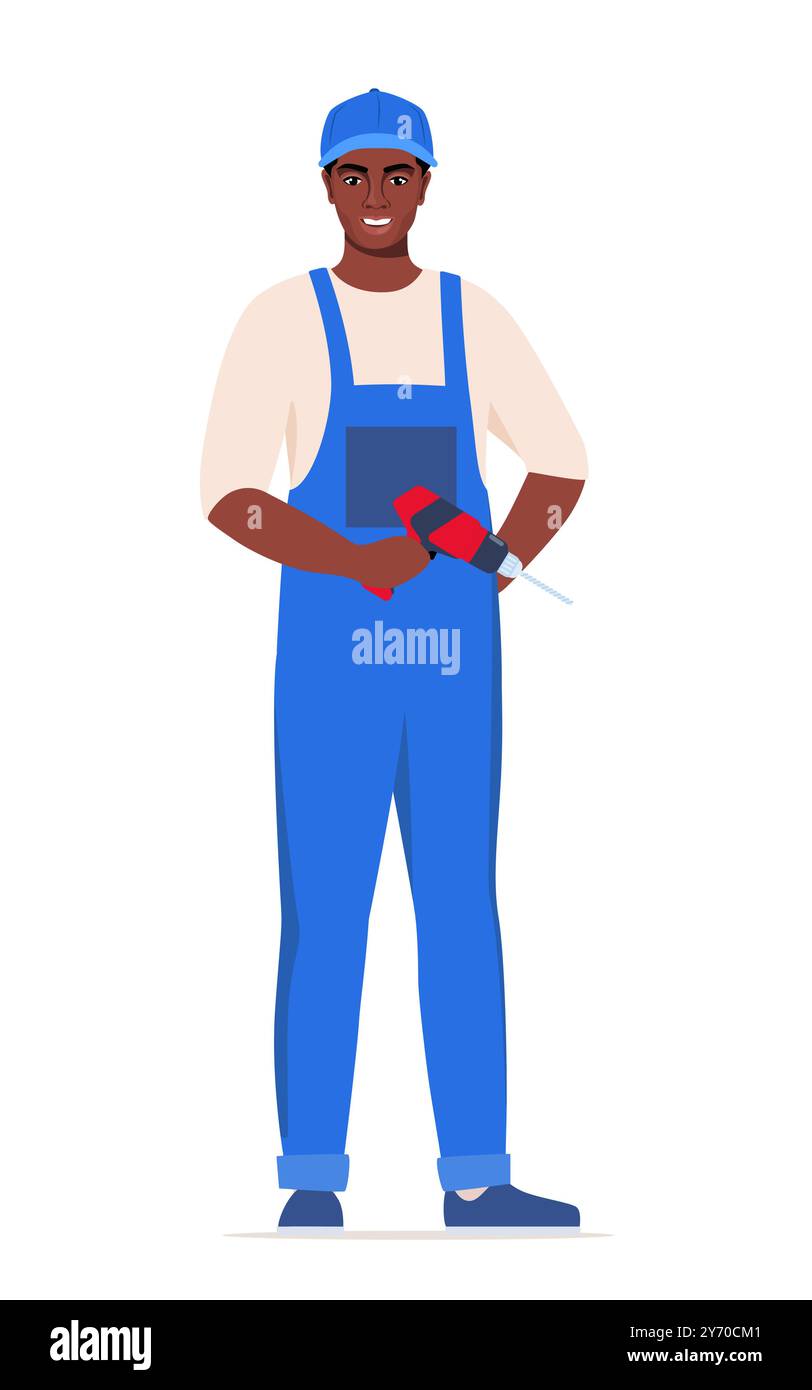 Repairman or mechanic black man character in blue uniform. Vector ...