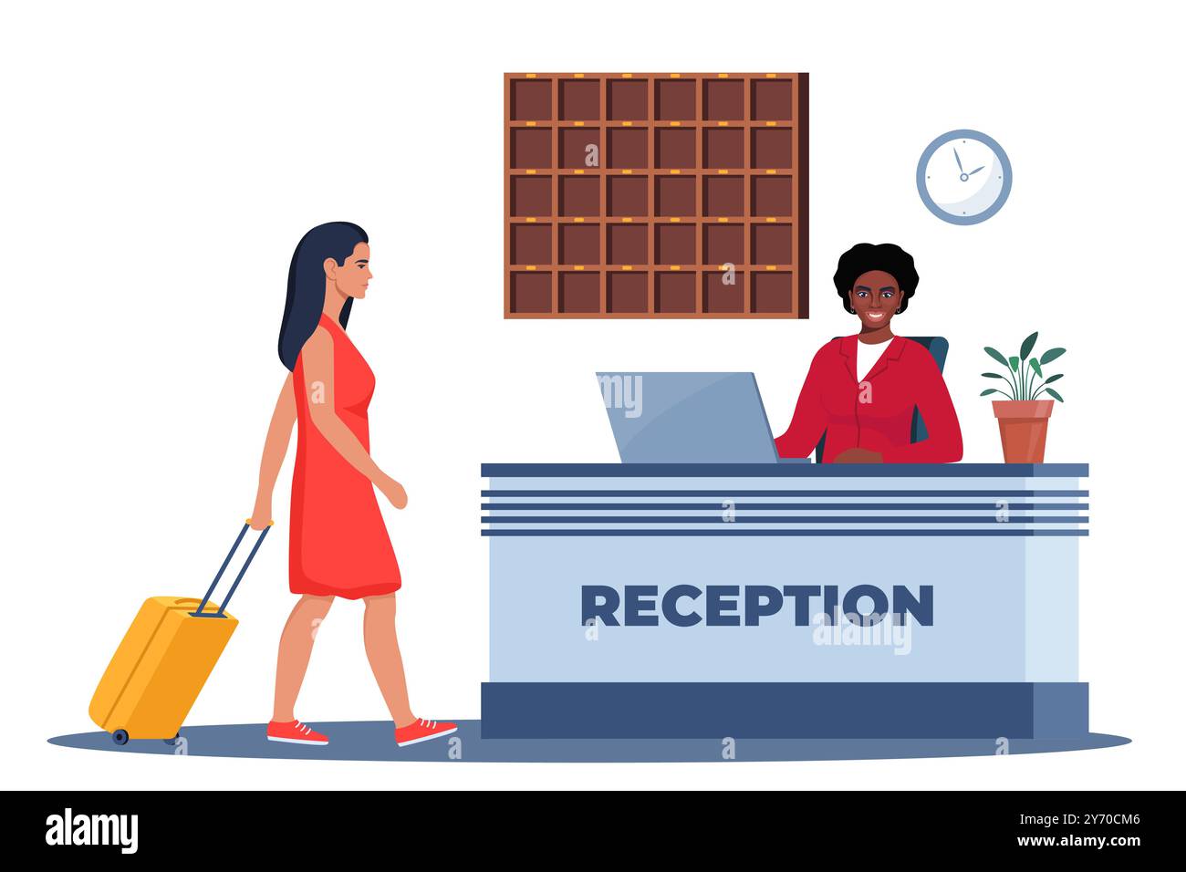 Hotel lobby, reception. Black woman receptionist behind the desk, guest ...