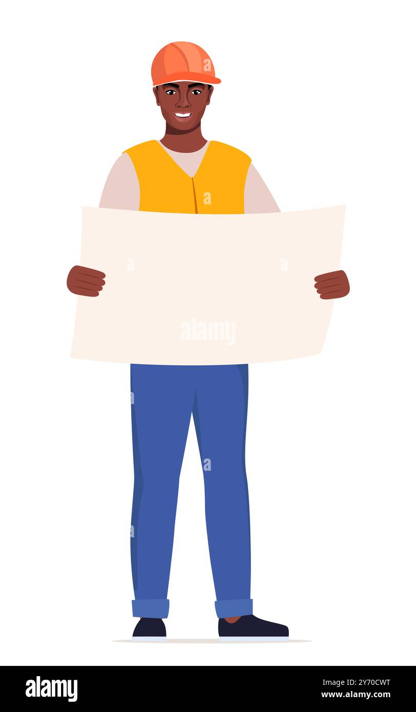 Black man engineer. Construction Worker in uniform and orange ...