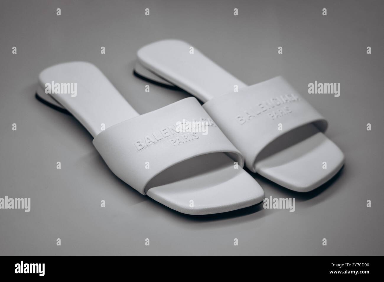Nice, France - July 27th, 2024: Balenciaga sandals in a boutique window ...