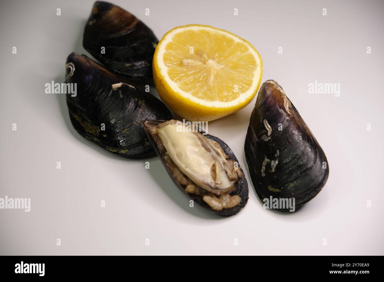 stuffed mussels with rice, Turkish style, with lemon slices on the ...