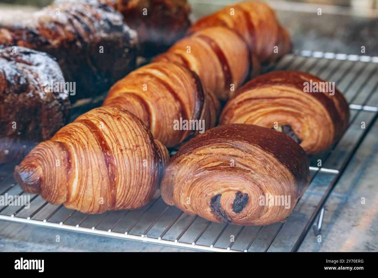 Fresh and delicious French pastries in a pastry shop window Stock Photo ...