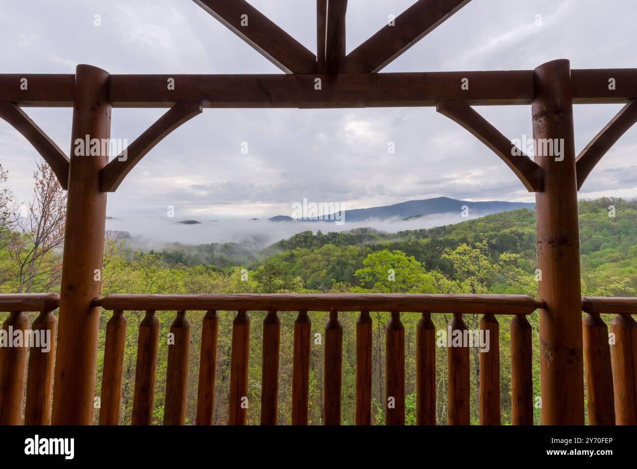A stunning view of the mist-covered Smoky Mountains as seen from a ...