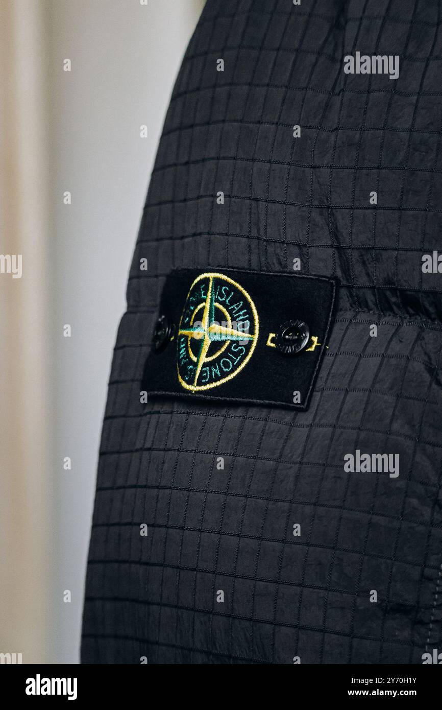 Nice, France - July 27th, 2024: A close-up of the famous Stone Island ...