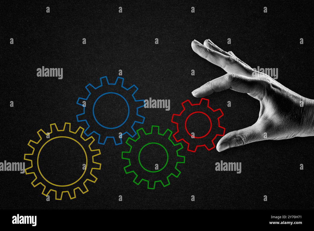 Hand Turning Gear Sign in Black and White on Textured Paper Background ...