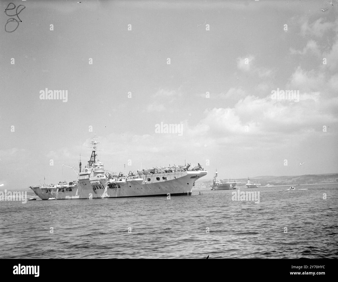 BRITISH AIRCRAFT CARRIERS AT WEST UNION NAVAL EXERCISE Three British aircraft carriers in mounts ...