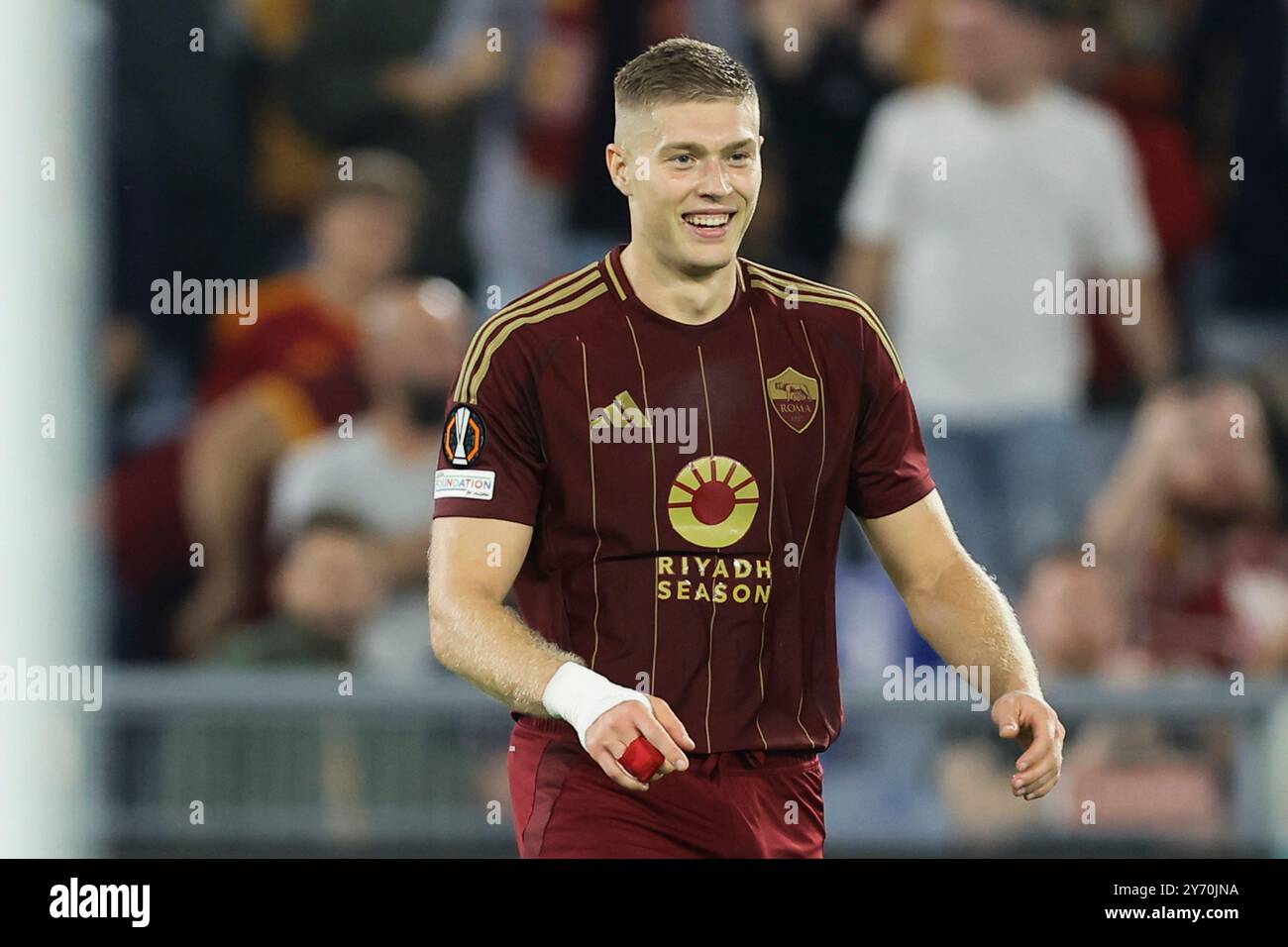 Roma’s Ukrainian forward Artem Dovbyk celebrates after scoring a goal ...