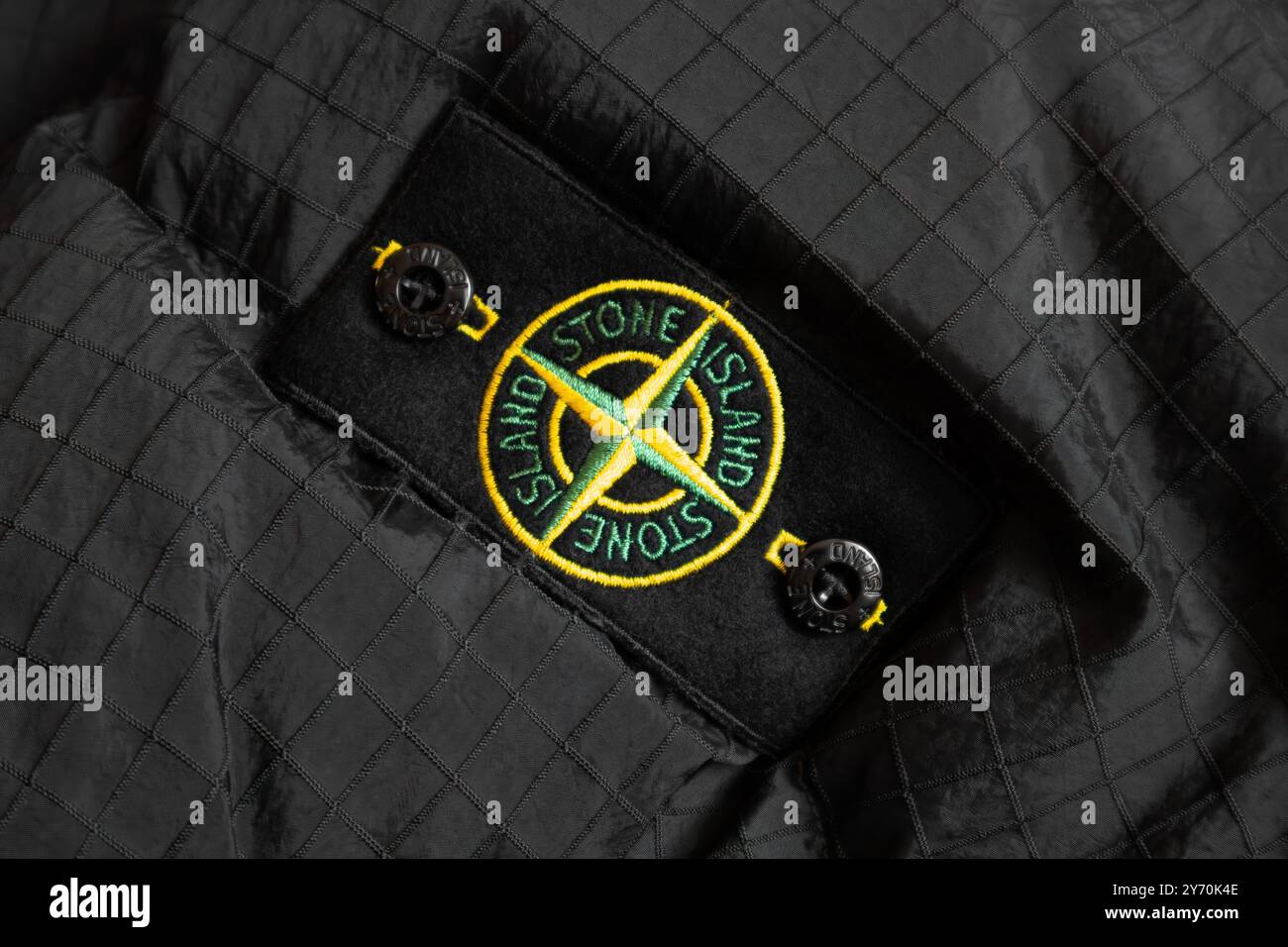 Nice, France - July 27th, 2024: A close-up of the famous Stone Island ...