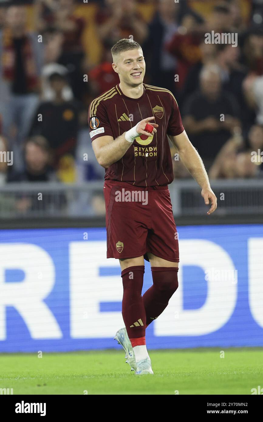 Romaâ s Ukrainian forward Artem Dovbyk celebrates after scoring a goal ...