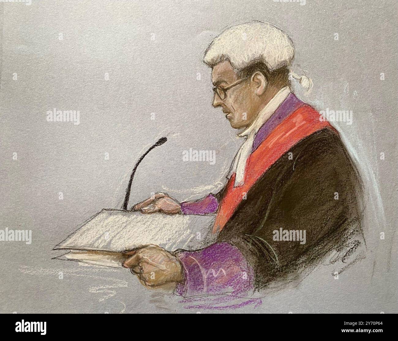 Court artist drawing by Elizabeth Cook of His Honour Judge Tim Gittins ...