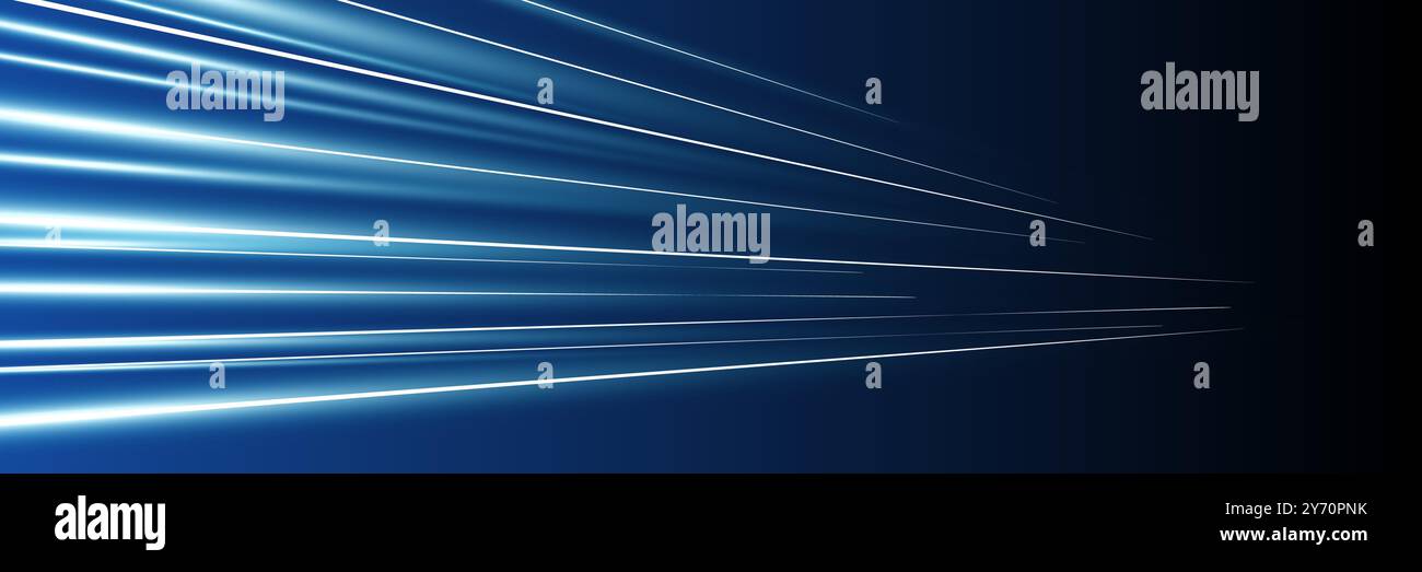 Motion luminous linear trails horizontal banner. High speed bright blue glowing rays. Abstract ...