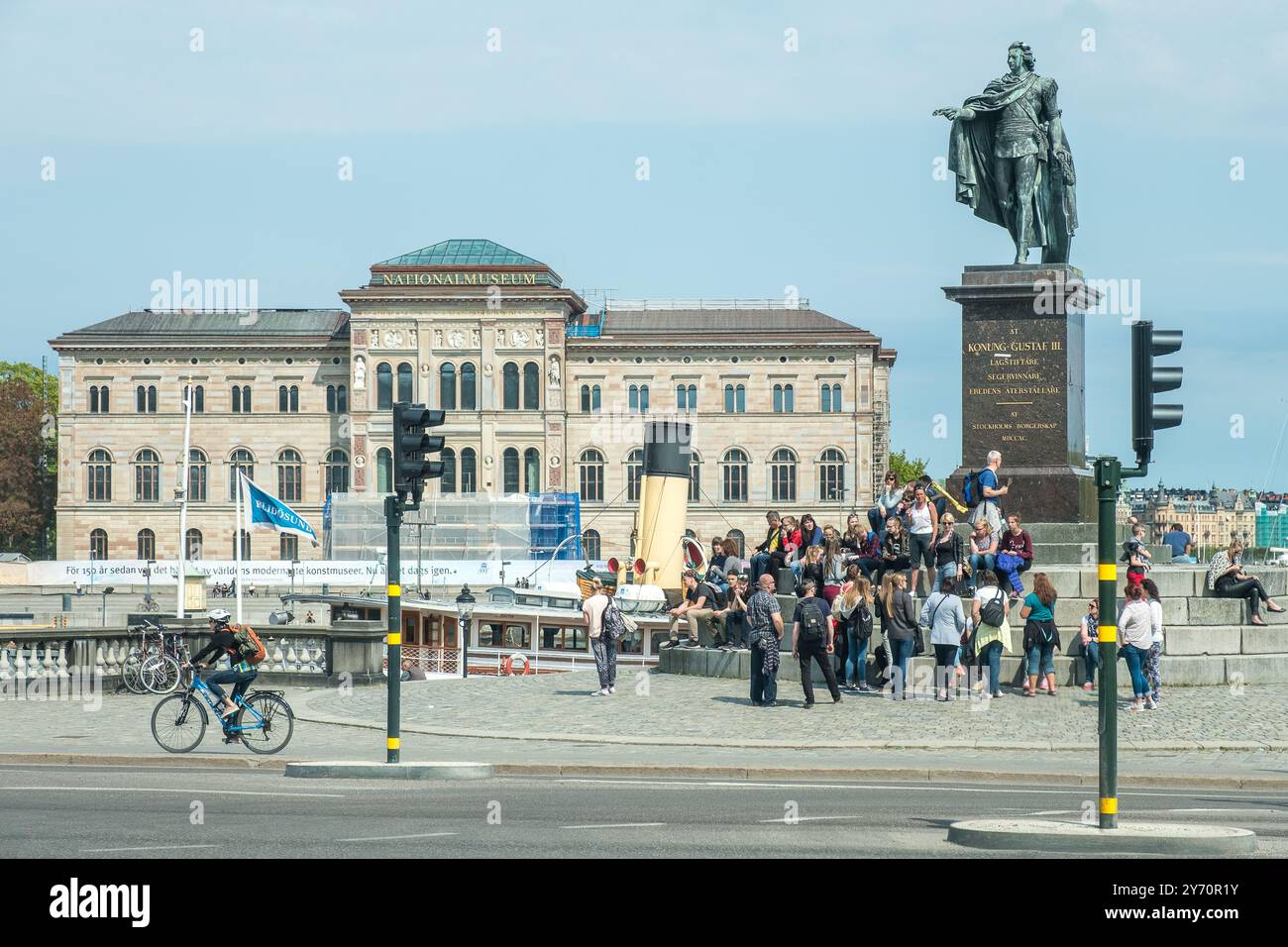 View from Slottsbacken towards the statue of king Gustaf III and the ...