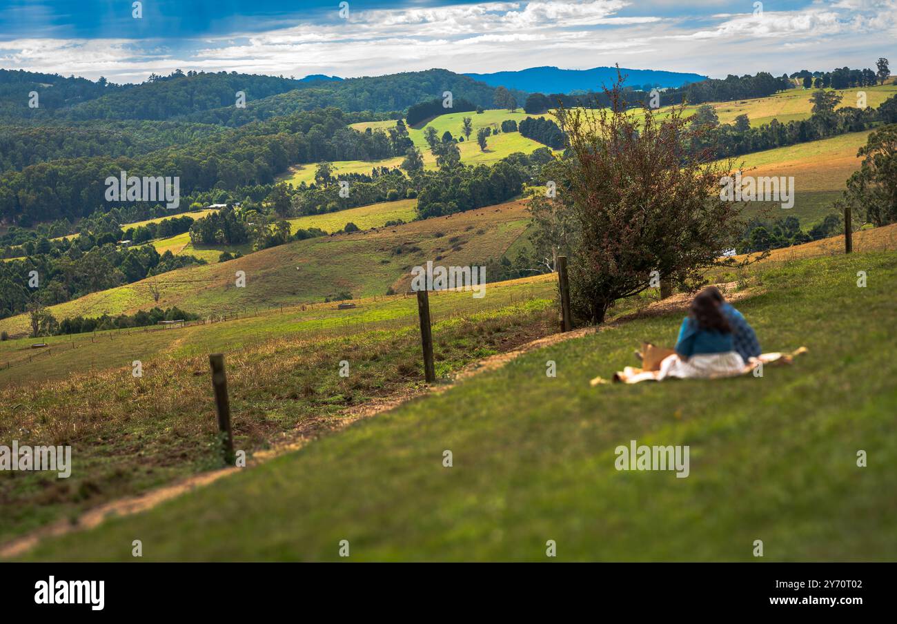 Young couple picnicking at Main Neerim Road Lookout, overlooking farm ...