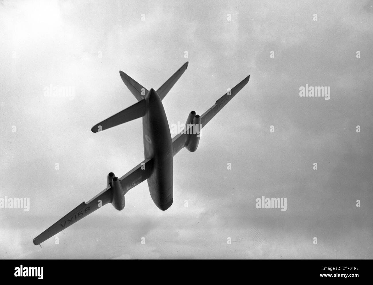 A Short Brothers SA4 four jet long range bomber flies over the heads of ...