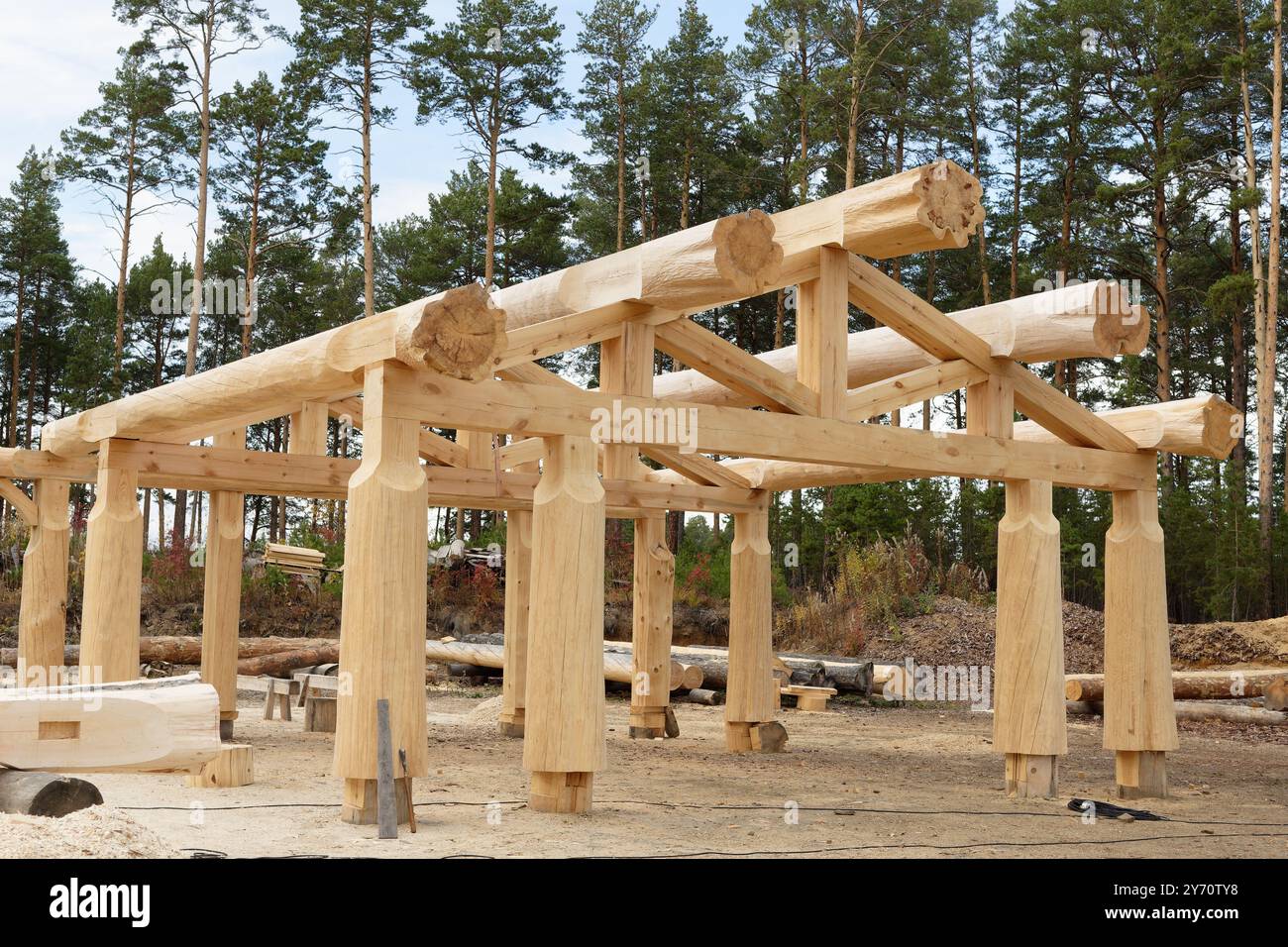 The construction site of a wooden house. Traditional log cabin built ...