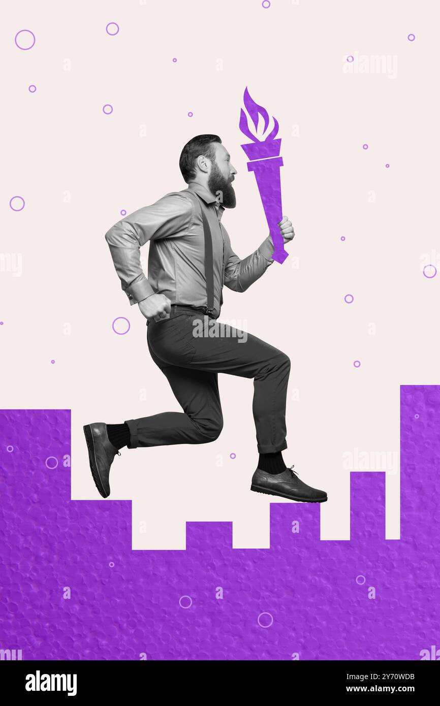 Vertical collage young man run hold torch fire light achieve goal persistence inspiration ...