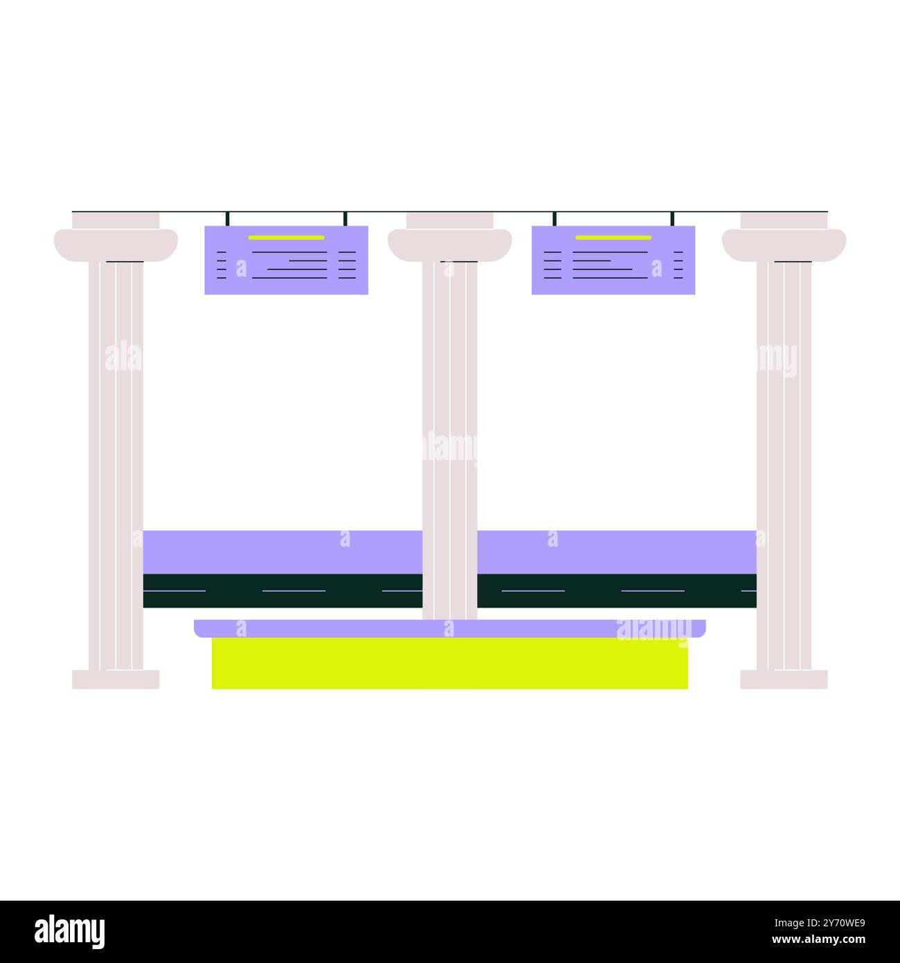 Train station platform with signs, flat vector illustration symbolizing ...