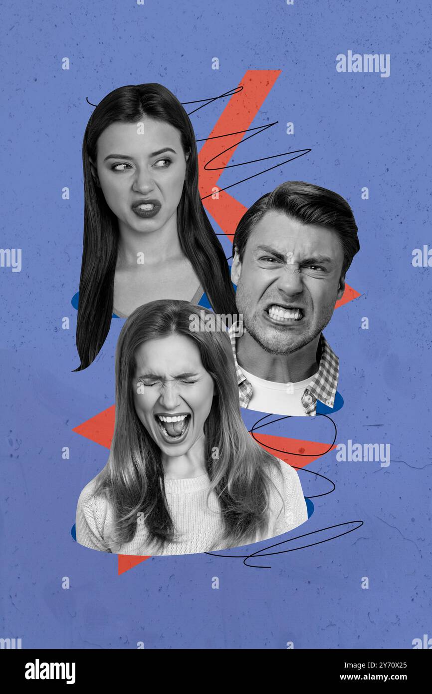 Vertical image collage young people aggression conflict argument scream ...