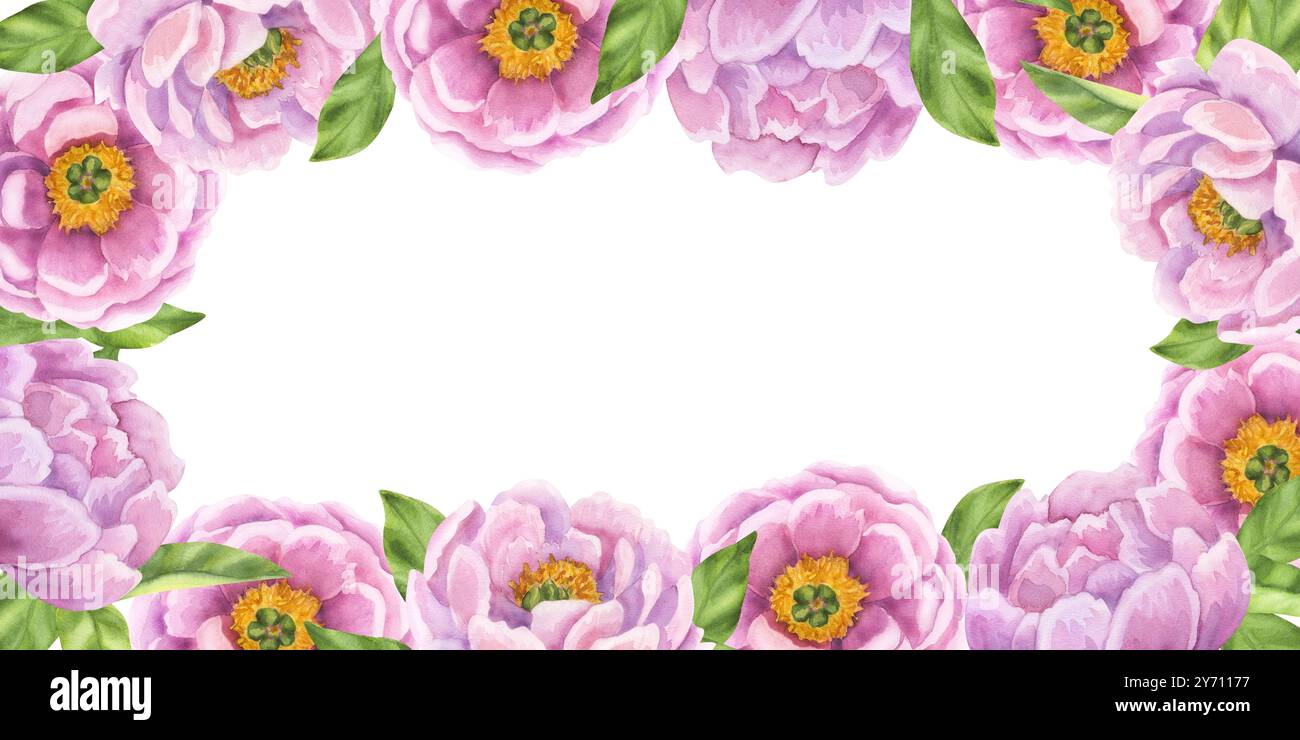 Pink peony banner flower frame. Floral print buds and green leaves ...