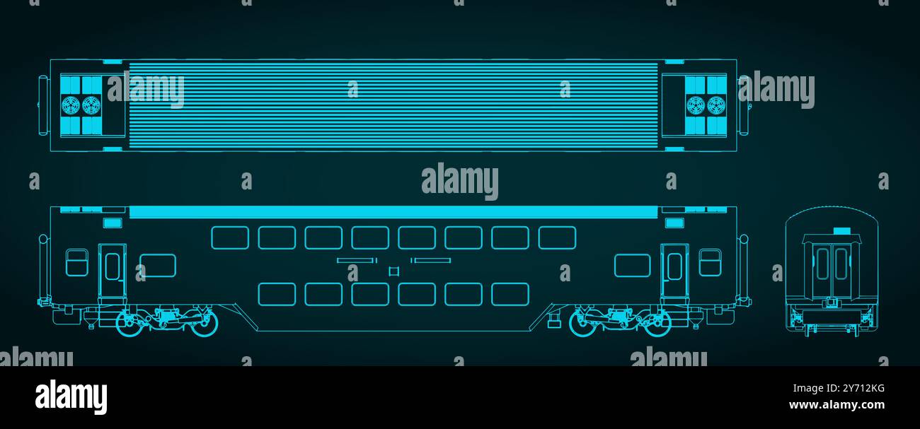 Stylized vector illustrations of blueprints of a double deck train car ...