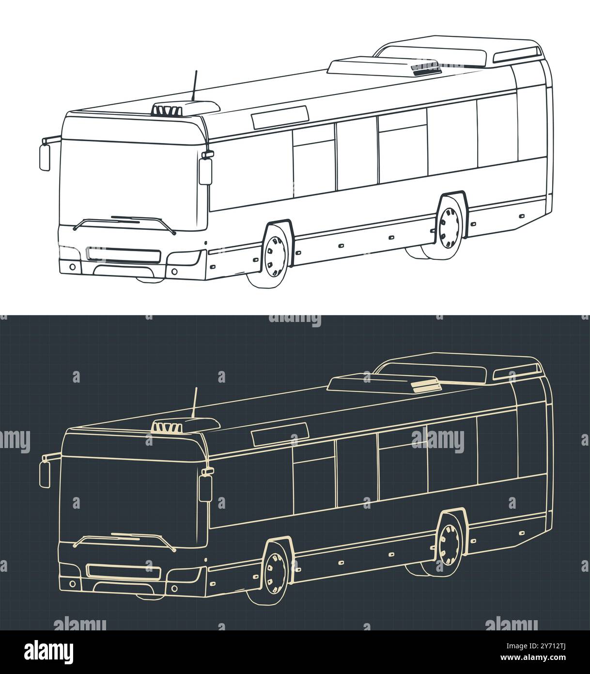Stylized vector illustration of isometric blueprints of a city bus ...