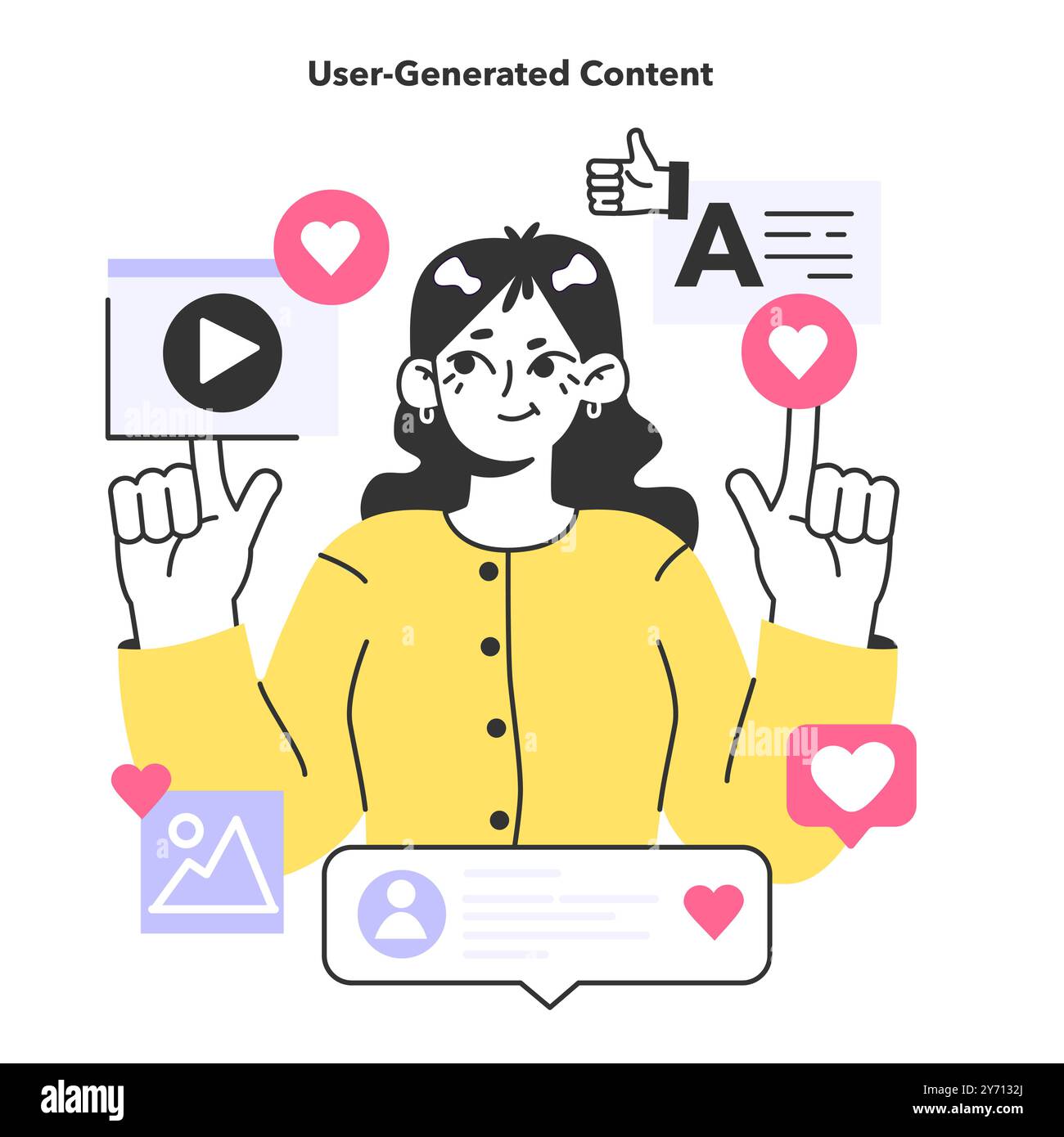 UGC or user generated content. Content marketing. Social media communication and promotion ...