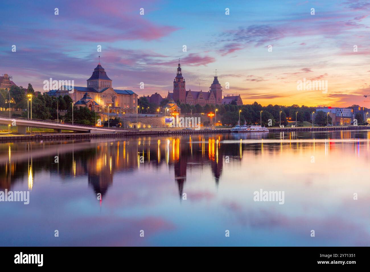 Sunset view of the Szczecin riverfront along the Oder River in Poland ...