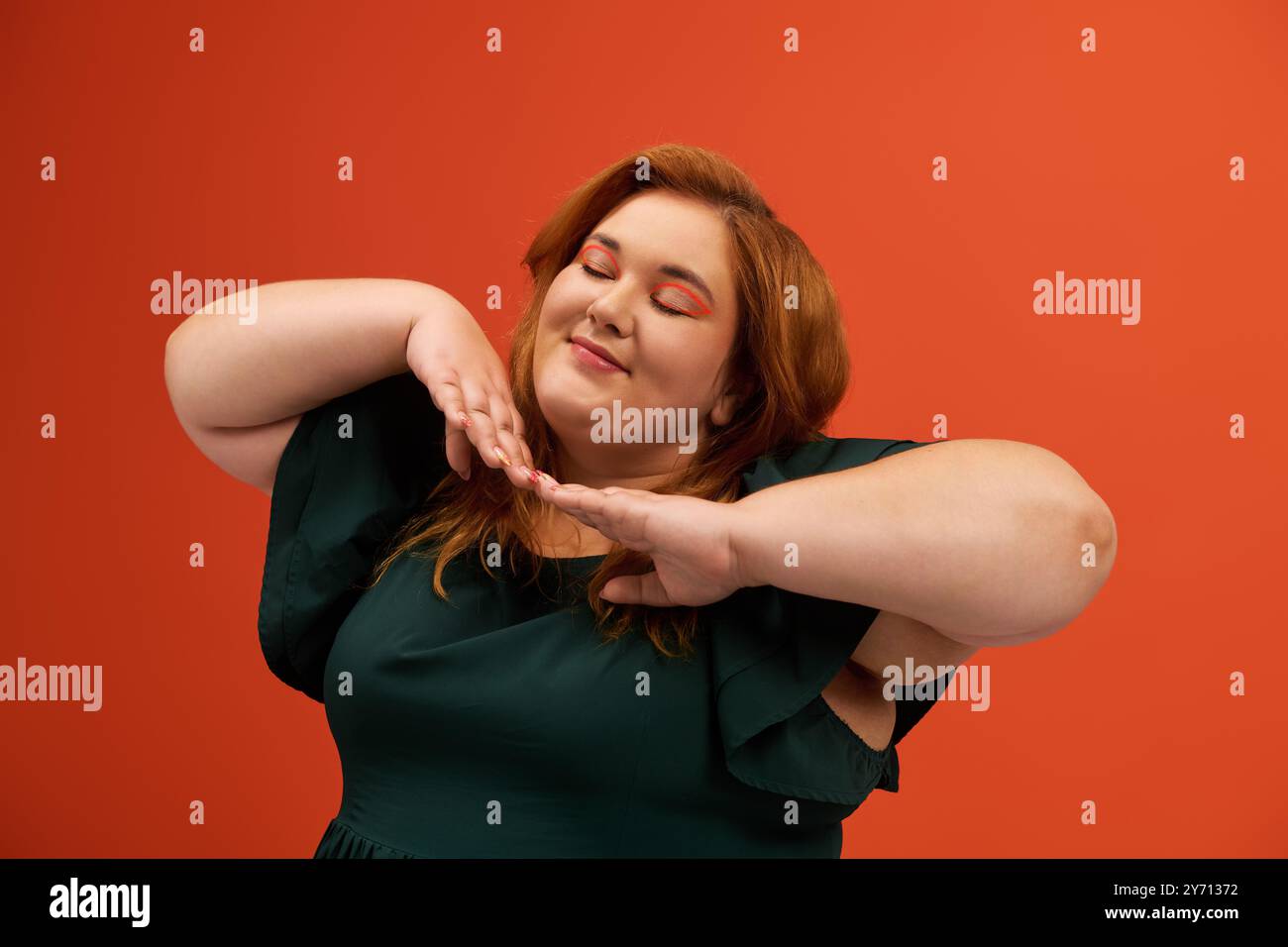 A plus size woman embraces joy and confidence, showcasing her radiant ...