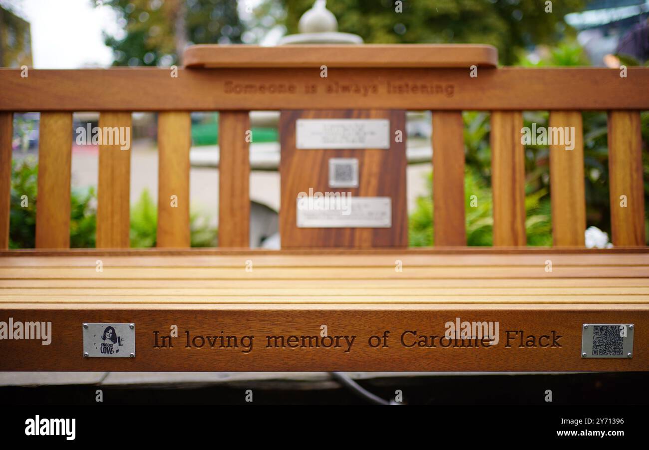 A suicide prevention bench is unveiled in memory of Caroline Flack ...