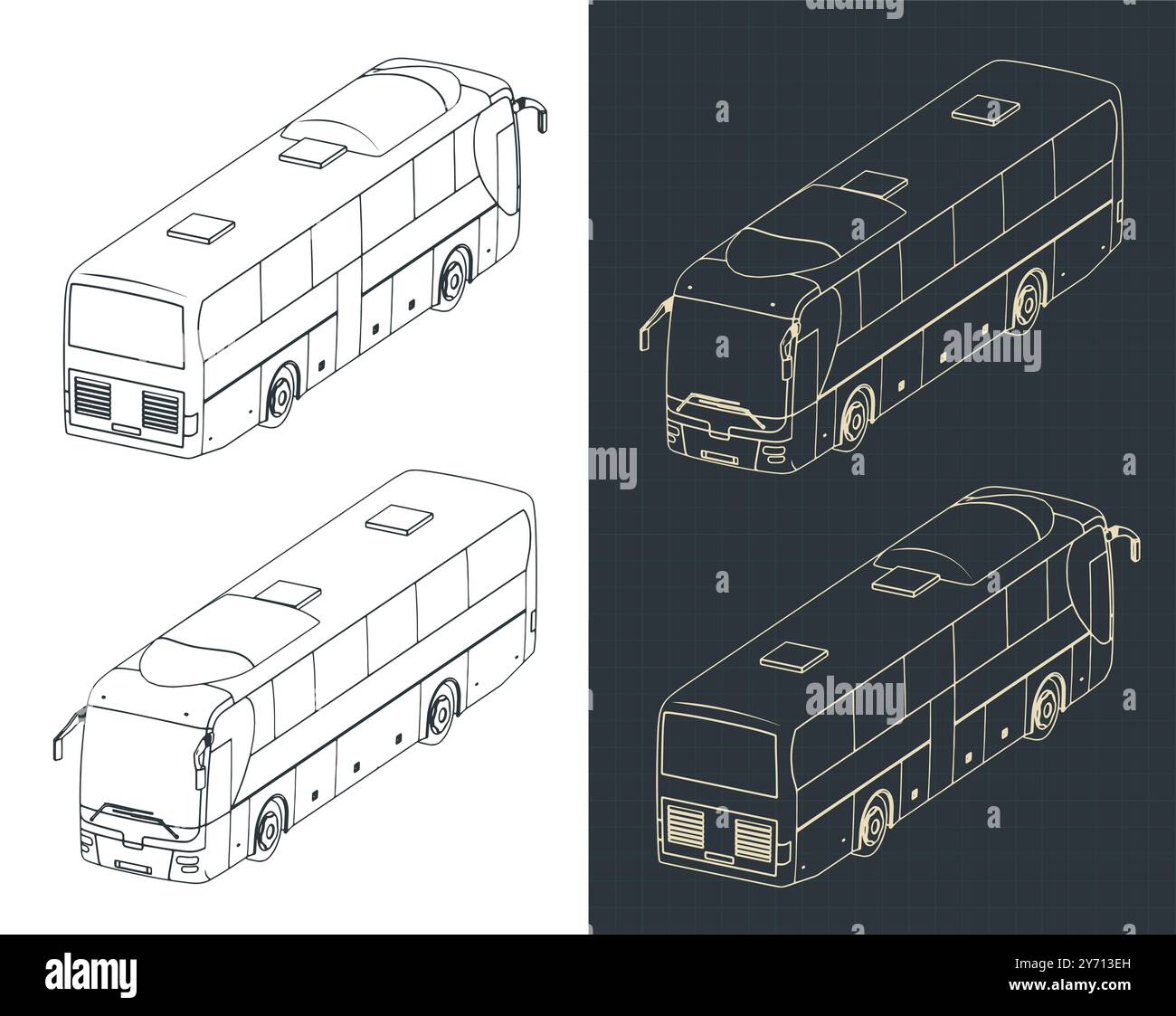 Stylized vector illustrations of isometric blueprints of a tourist bus ...